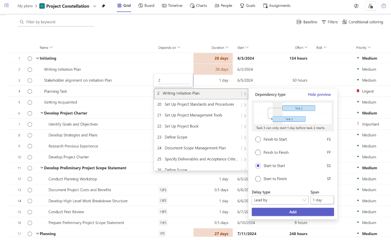 Advanced Project Planning with Microsoft Planner: Dependencies and Critical Path in Timeline View